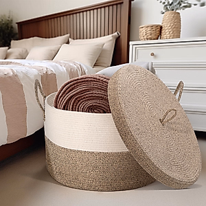 noonkty Blanket Basket, 21.7"X21.7"X13.8" Cotton Rope Basket, XXL Large Basket with Handle, Blanket Basket Living Room, Stuffed Toy Basket, Laundry Basket, Storage for Towels Pillow, Brown (with Lid)