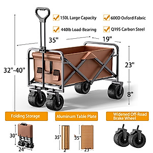Collapsible Foldable Wagon with 440lbs Weight Capacity, Heavy Duty Folding Utility Garden Cart with Big All-Terrain Beach Wheels with Aluminum Table Plate