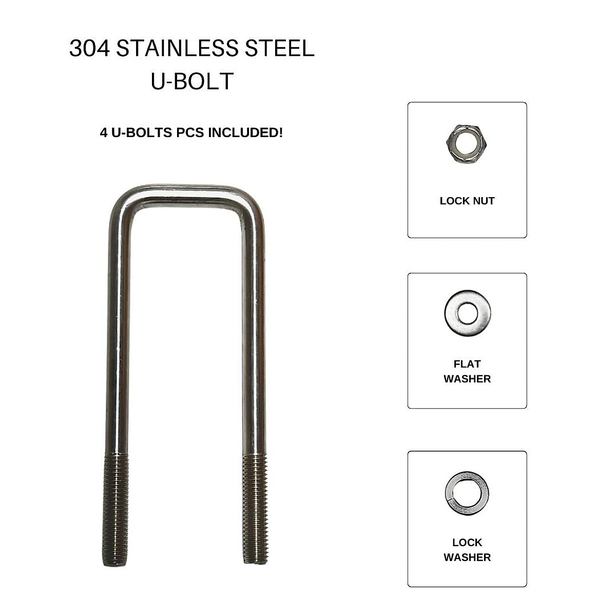 Square U-Bolt, Stainless Steel Square U-Bolt Boat Trailer Ubolts with washers and Nuts, U-Bolts for Sailboat Trailer, Automobiles Trailer Replacement Parts, 4 Pack (D-1/2-13 X W 2-1/16" X L 6-3/4")
