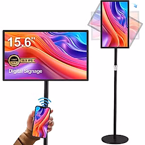 AYSTekMann 15.6" Digital Signage Displays LCD Capacitive Touch Screen Advertising Display with Wireless Screen Mirroring, Digital Advertising Screen with Adjustable Floor Stand - Android 11 4+64GB