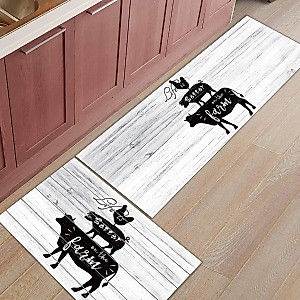 Rooster Pig Cow Kitchen Rug Sets of 2, Washable Carpet for Kitchen Floor, Non-Slip Kitchen Mat Set, Absorbent Area Rugs 15.7x23.6inch+15.7x47.2inch, Farm Animals Life Is Better on the Farm on Wooden