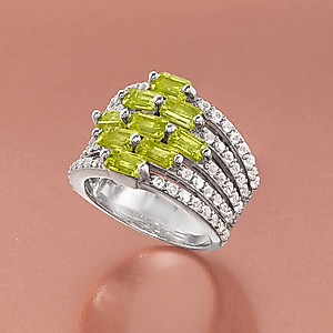 Ross-Simons 3.40 ct. t.w. Peridot and .60 ct. t.w. White Topaz Multi-Row Ring in Sterling Silver. Size 6