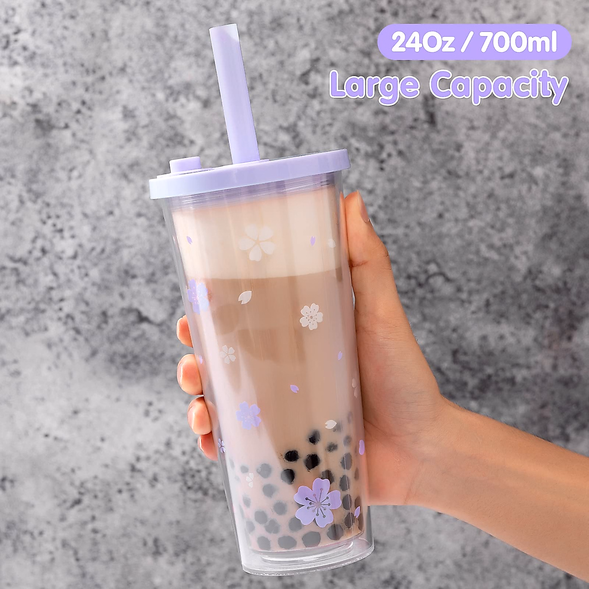 Colnic Reusable Boba Cup With Lids And Straws, 24OZ/700ml Smoothie Cups, Iced Coffee Cup, Leakproof Kawaii Cup, Bubble Tea Cup, Boba Cups With Boba Reusable Straw, Double Wall Tumbler (Purple)