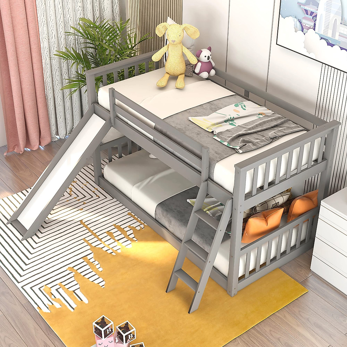 Harper & Bright Designs Bunk Bed Twin Over Twin,Wooden Twin Bunk Bed with Slide & Angled Ladder, Low Profile Toddler Bunk Beds for Kids, Floor Bunk Beds for Girls Boys,Grey