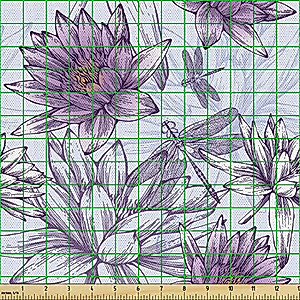 Ambesonne Nature Fabric by The Yard, Water Liliy and Dragonfly Patterns Garden Theme Illustration Wildlife, Decorative Fabric for Upholstery and Home Accents, 1 Yard, Pale Blue Pale Purple