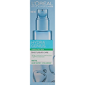 L'Oreal Paris Skincare Hydra Genius Daily Liquid Care Oil-Free Face Moisturizer for Normal to Oily Skin, Hyaluronic Acid Moisturizer for Face with Aloe Water and Hyaluronic Acid, 3.04 fl. oz.