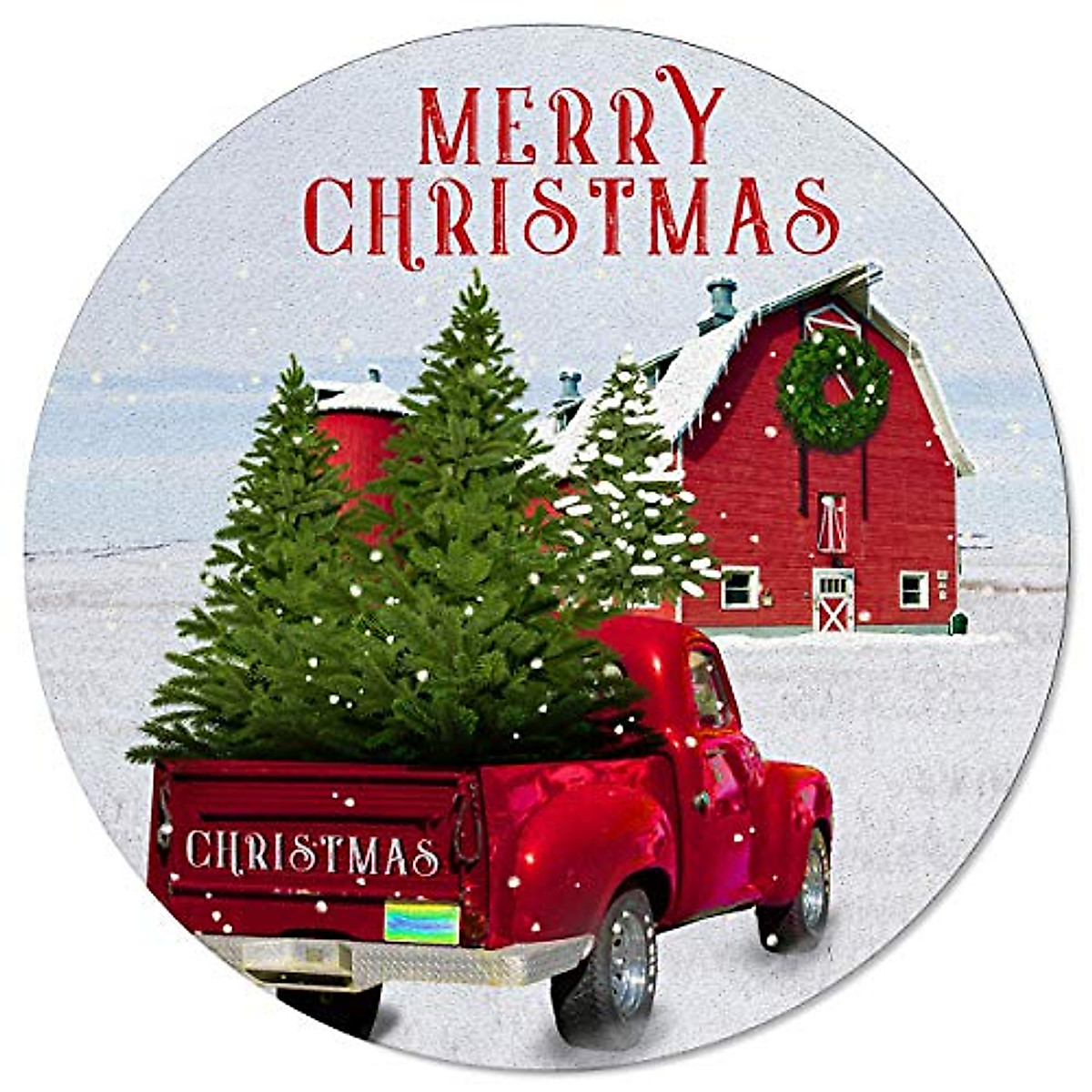 Round Area Rugs 4ft, Red Retro Truck and Christmas Tree Indoor Throw Runner Circle Rug Entryway Doormat Floor Carpet Pad Yoga Mat for Bedroom Living Room Farm Wood Barn