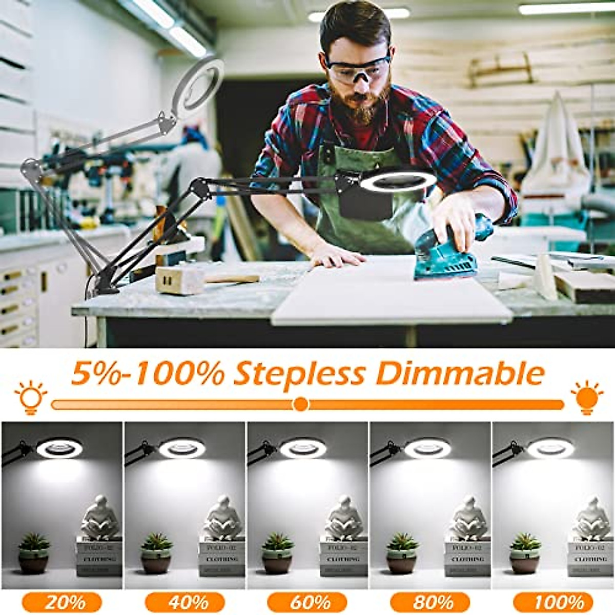 8X Magnifying Glass with Light and Stand, Krstlv 4-in-1 LED 5 Color Modes Stepless Dimmable Magnifying Floor Lamp, Adjustable Swing Arm Lighted Magnifier Lamp with Clamp for Close work, Craft, Reading