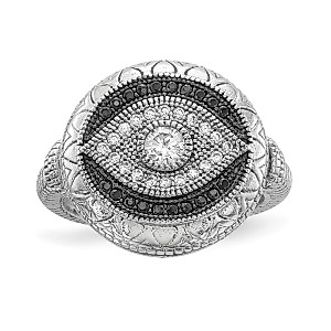 925 Sterling Silver Black White Cubic Zirconia CZ Hamsa Good Luck Evil Eye Protection Ring Size 7