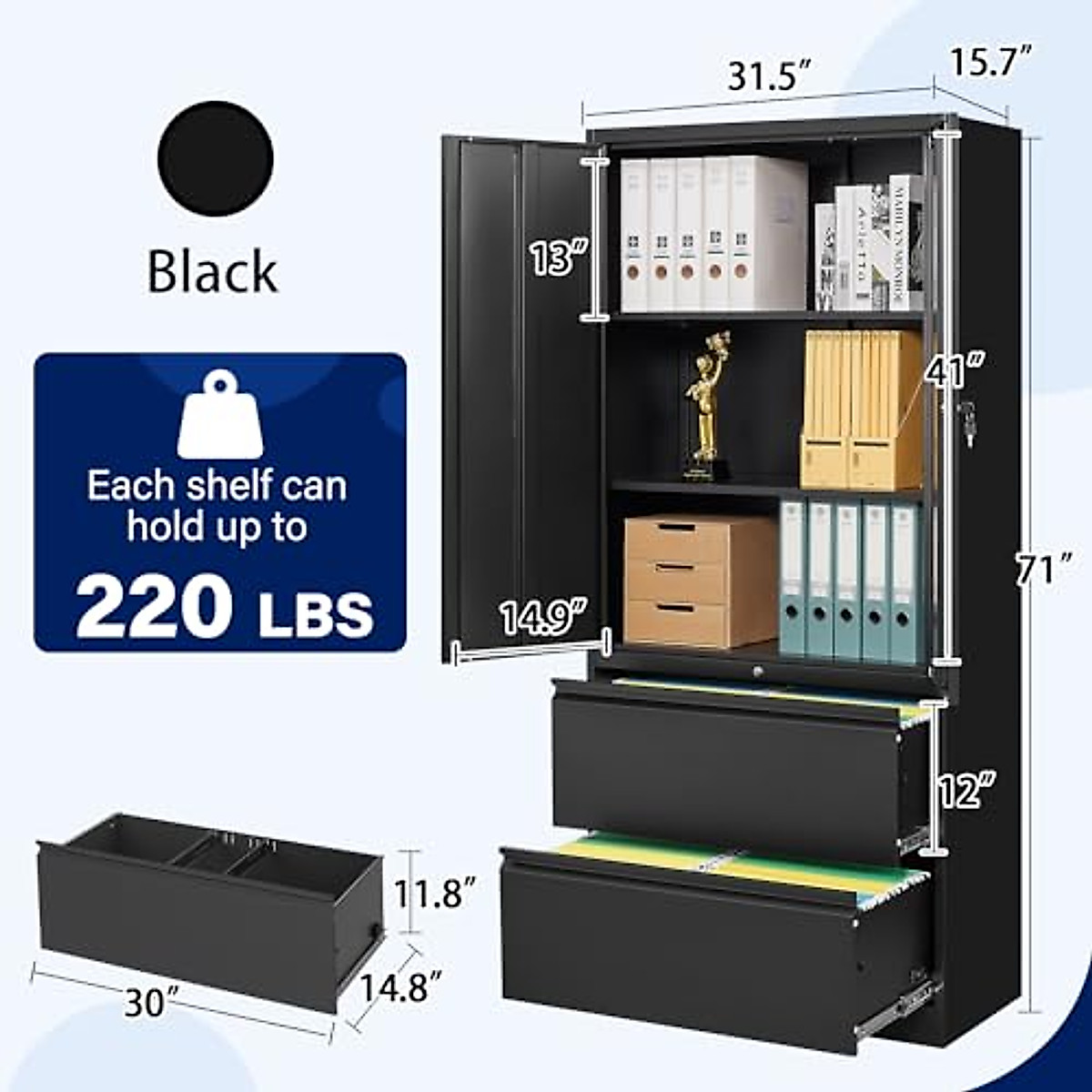 Yizosh Metal Storage Cabinet with 2 Drawers - 71" Steel Lockable File Cabinet for Home Office, Locking Cabinet with 2 Doors and 2 Shelves for Living Room, Pantry, Gym, Commercial Storage
