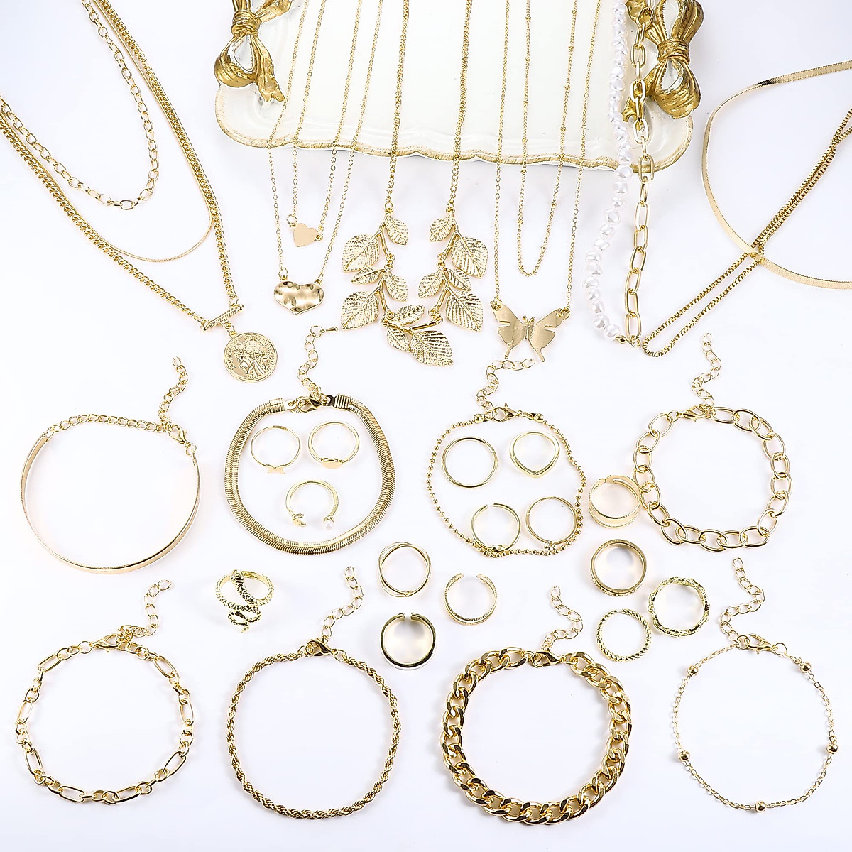 Sanfenly Gold Jewelry Sets for Women Gold Layered Necklaces Chain Bracelets Knuckle Rings Gold Jewelry for Valentine Anniversary Birthday Gift