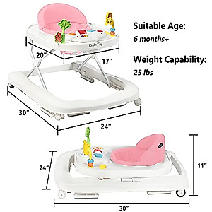 Kinder King 3 in 1 Folding Baby Walker, Activity Walker for Boys Girls, Learning-Seated, Toddler Walk-Behind w/Music Toys, Adjustable Height & Speed, Safety Bumper, Infant Walker Anti-Rollover, Pink