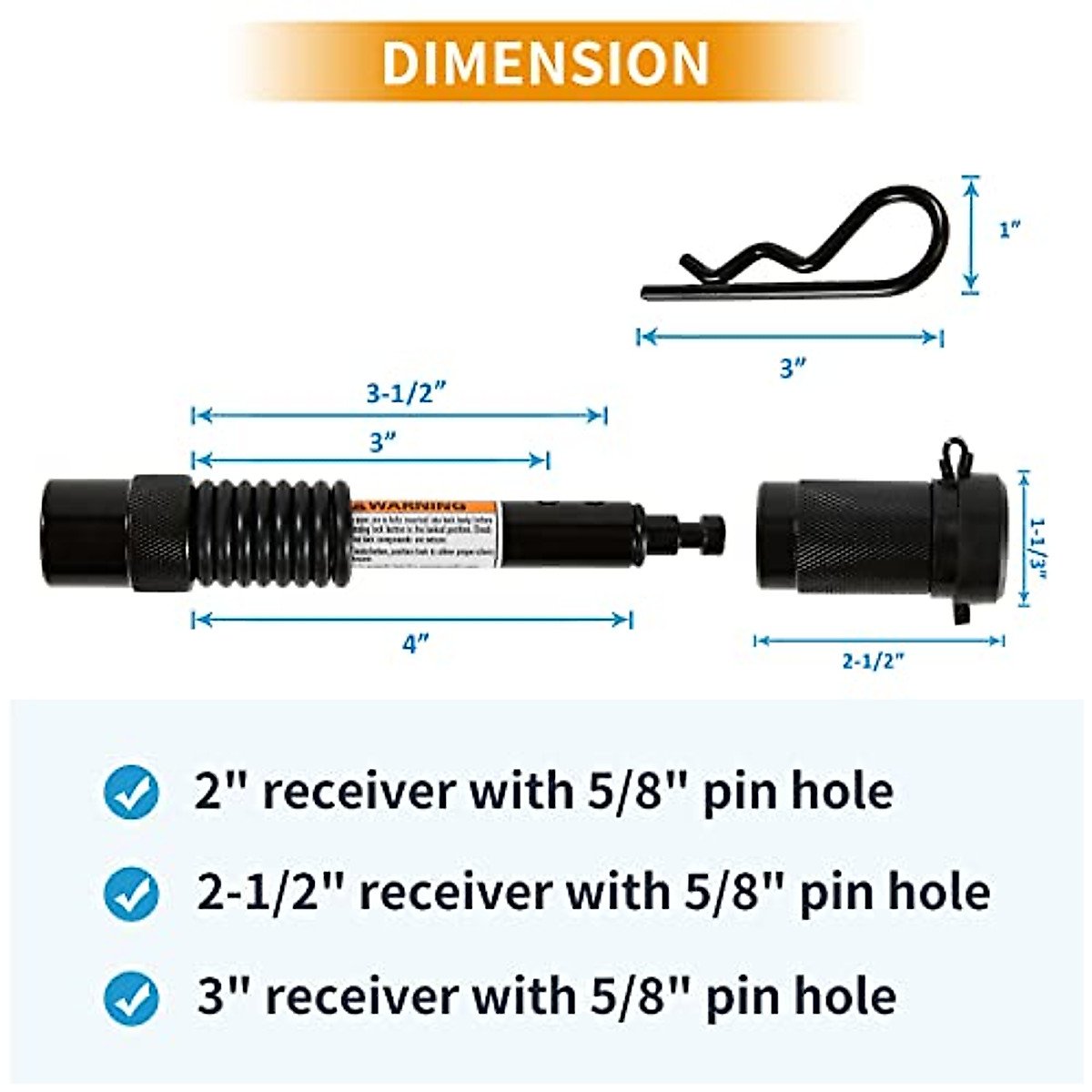 META Hardware Trailer Hitch Locks, 5/8" Dia 4" Long Hitch Lock with Extra Safety Clip & Anti Rattle O-Rings Fits 2", 2-1/2”, 3”, Class III IV V Receivers (1 Pack)