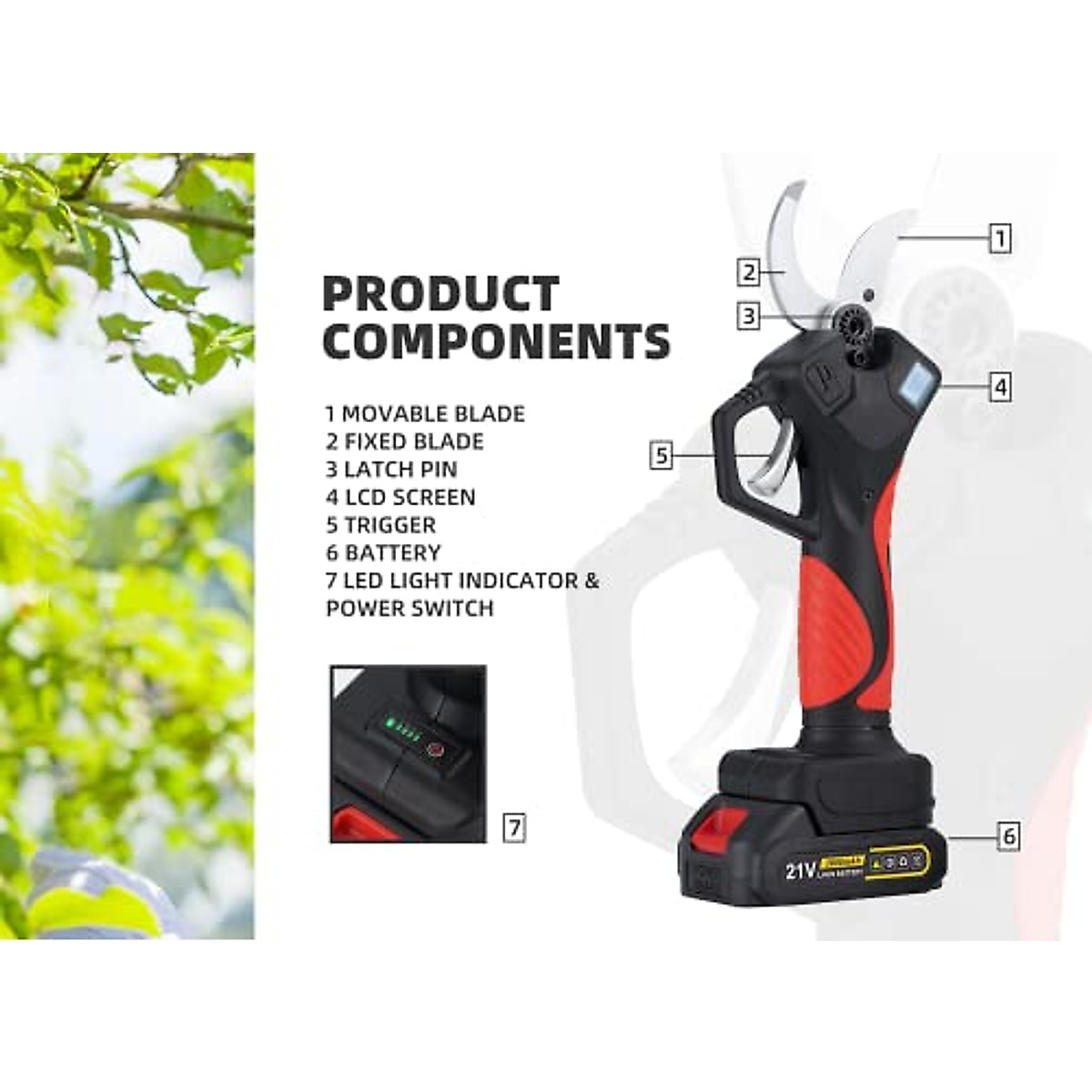 Cordless Pruning Shears, Electric Pruner, 2 Pack 21V Lithium Battery, SK5 Blades, 1.6 Inch Cutting Diameter (21V Pruner)