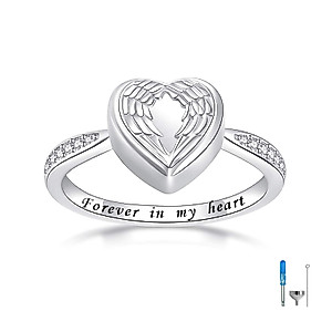 Fookduoduo Sterling Silver Cremation Jewelry Ring for Ashes - Angel Wings Urn Ring for Women Forever in My Heart Urn Rings for Keepsake Memorial Gift(Silver 7)
