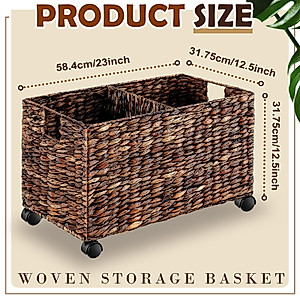 Havawish 1 Pcs Extra Large Rolling Storage Wicker Basket Cart with Wheels File Cabinet 23 x 12.5'' Water Hyacinth Divided Organizer Blanket Storage Recycling Sorting Bin for Laundry Living Room