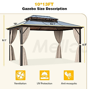 MELLCOM 10x13ft Hardtop Gazebo, Permanent Outdoor Patio Gazebo with Double Polycarbonate Roof and Aluminum Frame, Canopy Gazebo for Backyard, Deck, Patio and Party, Curtains and Netting Included