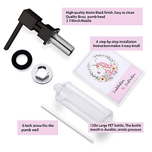 Sink Soap Dispenser for Kitchen Sink (Matte Black), All Brass Built-in and Refill from Top Design,Metal Hand Soap & Dish Soap Copper Pump