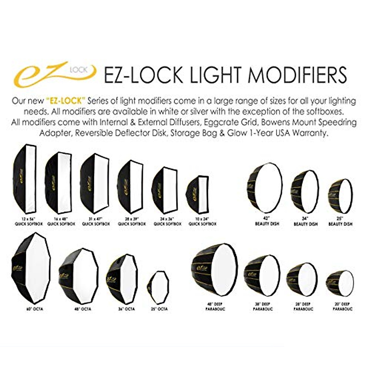 Glow EZ Lock 38" Deep Parabolic Quick Softbox, 16-Sided Parabolic Softbox Opens Up and Closes Down 'Umbrella' Style, this Bowens Mount Softbox with Quick Speedring Swap is an Ideal Speedlight Soft box