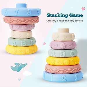 NiToy 6PCS Stacking & Nesting Building Ring Teether Stacker Toy for Boys and Girls, Educational Rainbow Tower Wheels Soft Silicone Circle Squeeze Toy with Letter Number Graphic Engaging Early Learning