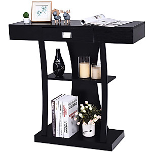 Giantex Narrow Console Table T-Shaped - Behind Couch Table with Drawer, Shelves, Dual Anti-Tipping Kits, Modern Foyer Table, Sofa Side Table for Living Room, Entryway, Hallway, Entry Table (Brown)