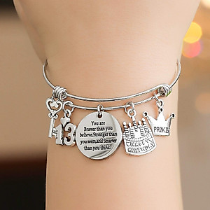 Miss Pink 13th Birthday Jewelry Gifts for Her Stainless Steel Expandable Bangle 13 Year Old Charm Bracelets for Daughter Granddaughter