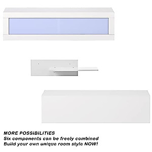 Merax Wall Mount Floating TV Stand with Four Media Storage Cabinets and Two Shelves, Modern High Gloss Entertainment Center for 95+ Inch Television, 16-Color RGB LED Lights for Living Room, White