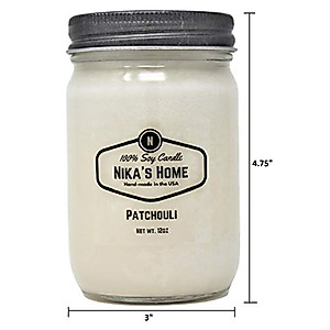 Nika's Home Patchouli Soy Candle - 12oz Mason Jar - Non-Toxic Soy Candle-Hand Poured Patchouli Candle- Handmade, Long Burning Candle-Highly Scented Candle-All Natural, Clean Burning Candle