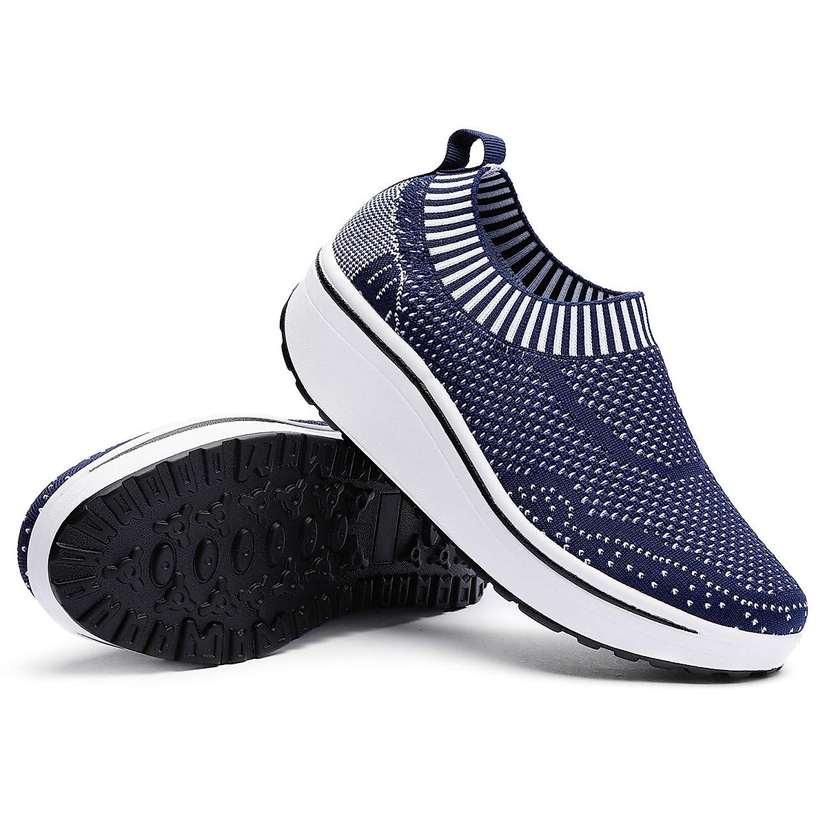 DADAWEN Women's Slip On Breathable Walking Shoes Comfort Fitness Wedge Platform Sneakers Navy US Size 7.5