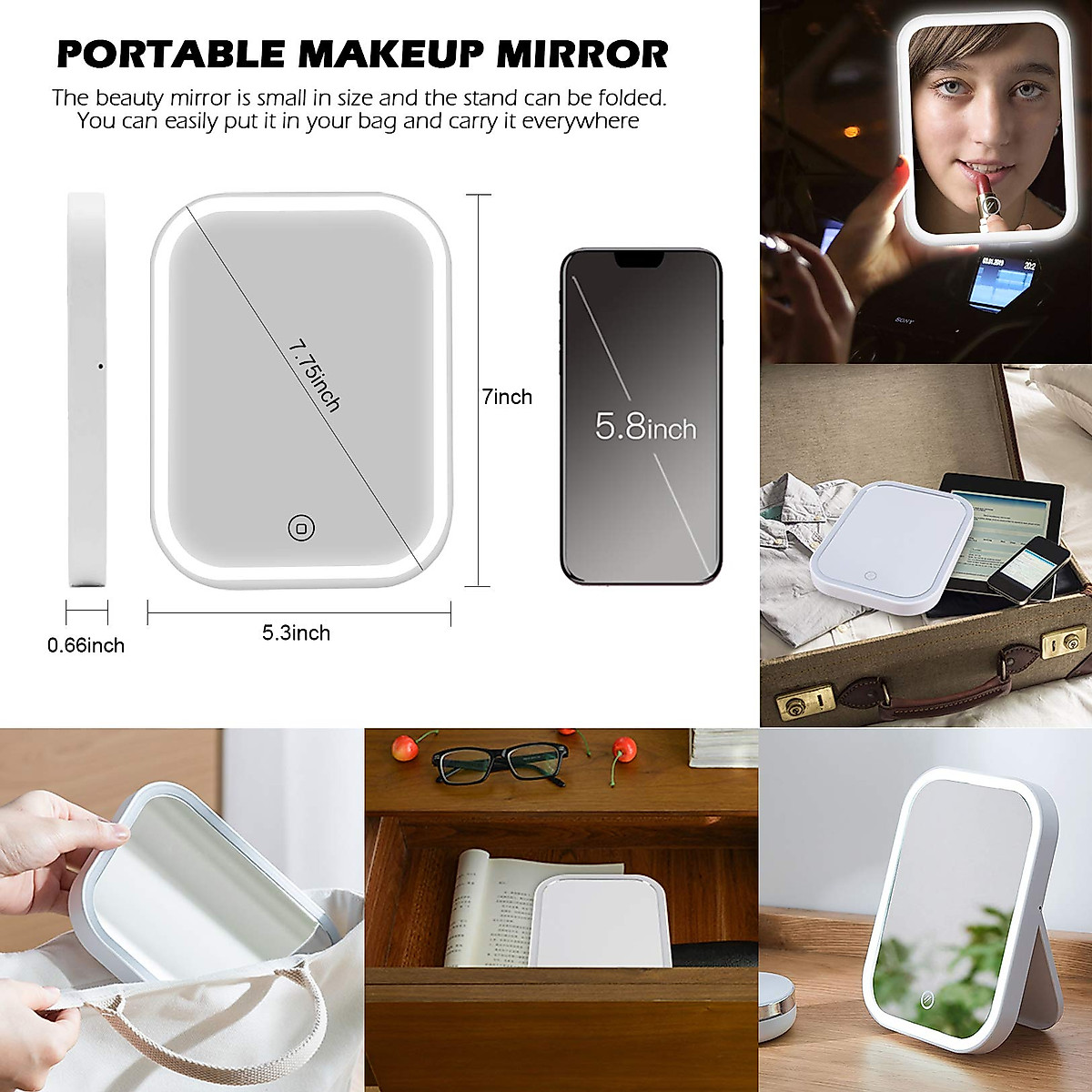 CERSLMO Makeup Mirror with Lights, Lighted Travel Vanity Mirror with 4 LED Tape-Lights, Dimmable Portable Desk Light up Cosmetic Mirror with Touch Screen Switch, Batteries or USB Operated, White