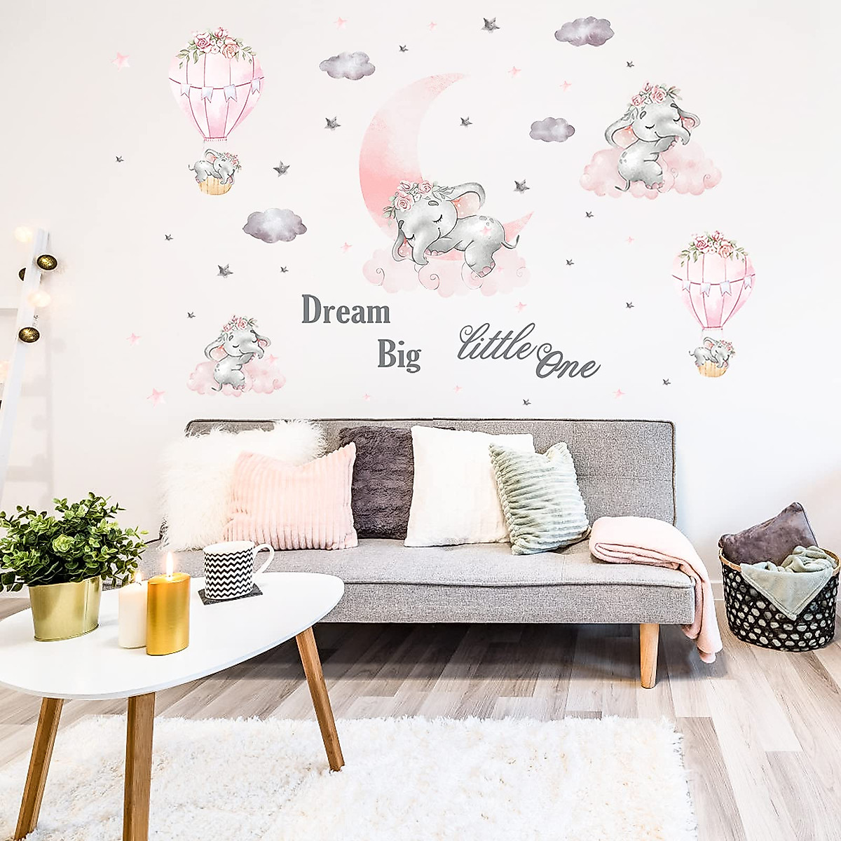 Large Pink Baby Elephant Wall Decal, MYKASEN Cute Five Elephant Dream Big Little One Wall Stickers Pink Moon Grey Stars Cloud, Removable Nursery Wall Decor for Baby Kids Boy Girl Bedroom Cradle