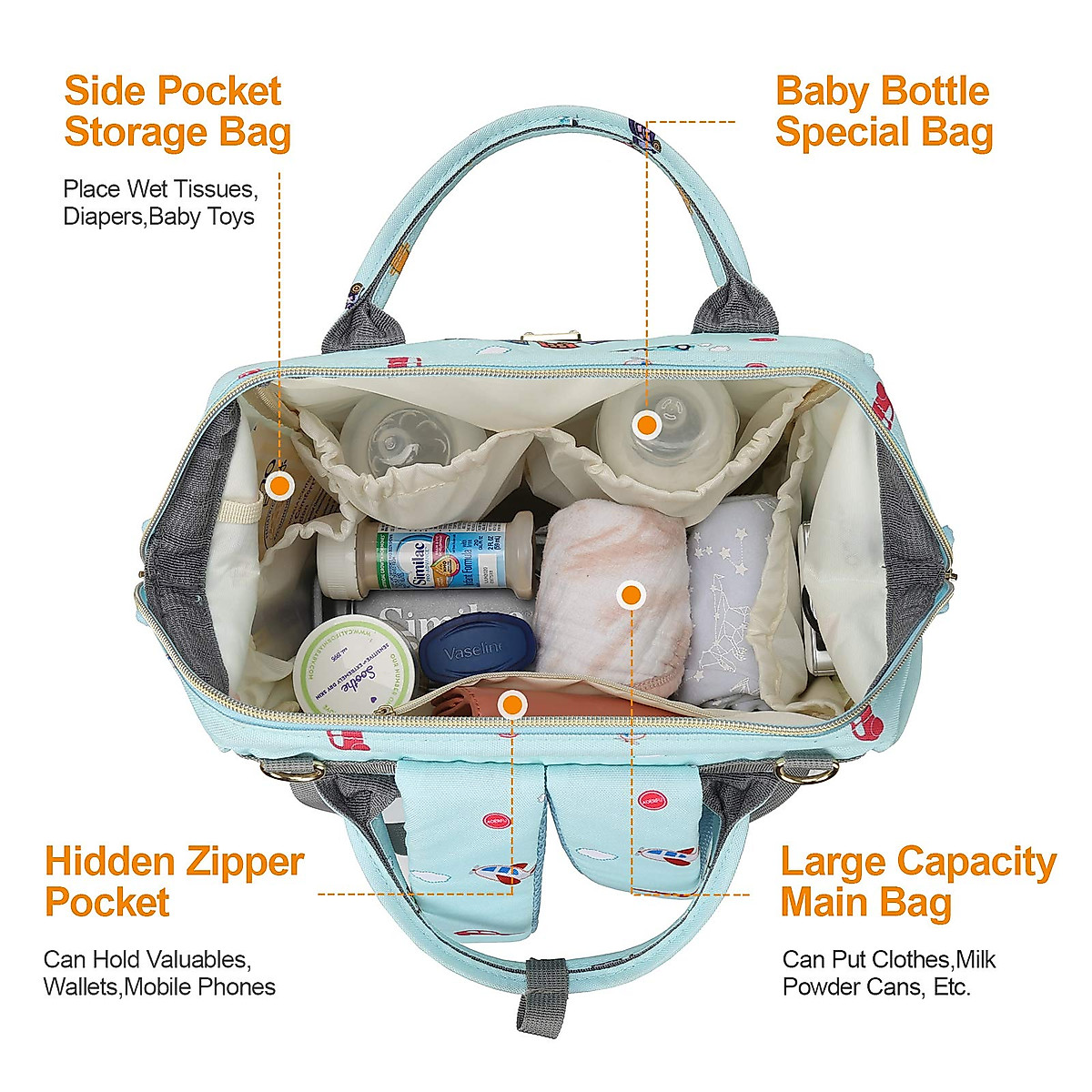 Diaper Bags Backpack Baby Bag for Mom Dad Baby Girls Boy, Cute Mult Diaper Nappy Bag Travel Back Pack,Waterproof Maternity Changing Bag Baby Stuff with USB Charging Port Stroller Straps Large Blue