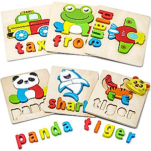 Wooden Toddlers Puzzles Kids Toys Gifts for 1 2 3 Year Old Boys Girls,6 Pack Animal Shape Jigsaw Puzzles Montessori Educational Toys with Alphabet Spelling Stem Travel Toy for Kids Ages 1-3