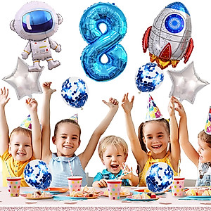 Kawailay Astronaut Rocket 8th Birthday Party Balloons Jumbo Spaceman Birthday Balloons Outer Space Theme Foil Balloons 32 Inch Blue Number 8 Helium Balloon for Birthday Party