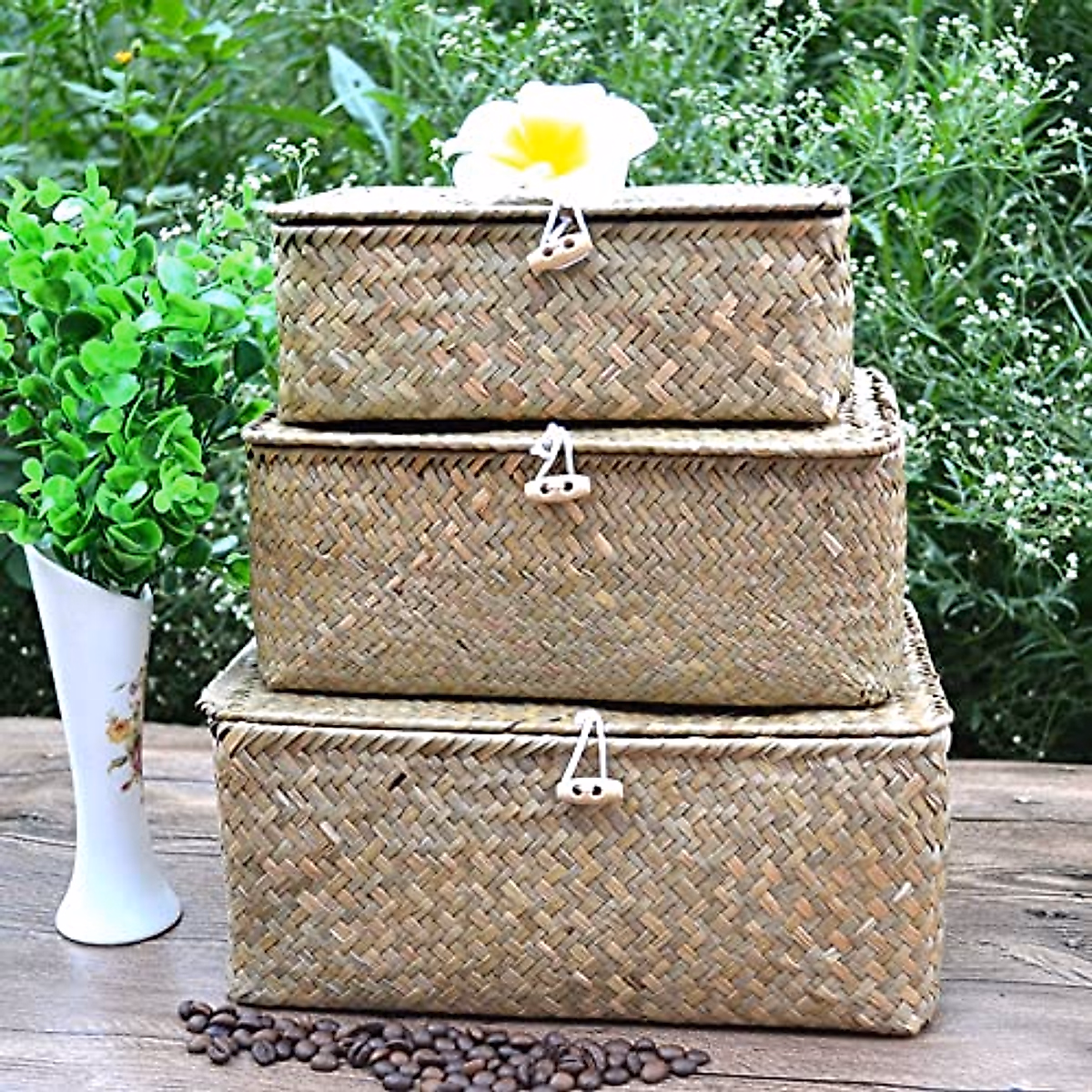 Seaweed Storage Basket Handwoven Storage Box with Lid Cosmetic Storage Box Laundry Basket Wicker Basket Storage Basket Box Wicker(L,Natural)