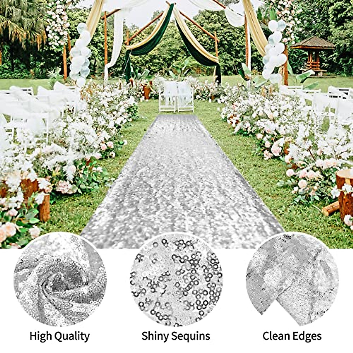 Hahuho Silver Carpet Runner for Party 2ft x 15ft Glitter Aisle Runner for Wedding Ceremony, Birthday, Banquet Decorations（2ft x 15ft, Silver）