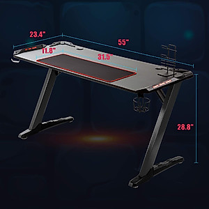 CO-Z 55 Inch Gaming Desk, Z Shaped Gaming Table with 6-Color RGB Lighting, Large Mouse Pad, Controller Stand, Cup Holder & Headphone Hook, Writing Desk Computer Desk for Home Office and More, Black