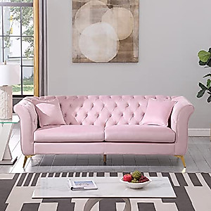 TURRIDU 3 Seater Sofa with 2 Pillows, 87" Wide Upholstered Velvet Couch with Curved Arms, Gold Metal Legs, Button Tufted Chesterfield Sofa for Living Room Bedroom Office, Hold up to 1000 Pound, Pink