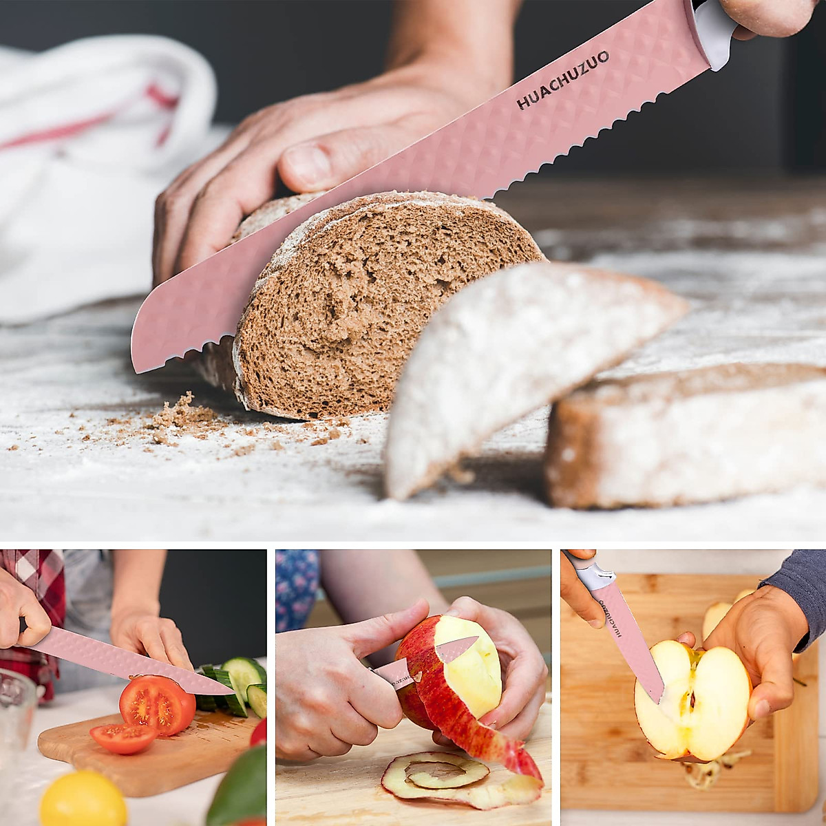 CHUYIREN Pink Knife Set of 6, Pink Kitchen Knives Sets with Knife Block, Chef Knife Set for Kitchen, Camping, Dorm, Picnicking, BBQ Dining Products