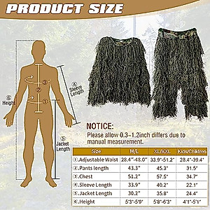 Ghillie Suit, 3D Camouflage Hunting Apparel Including Jacket, Pants, Hood, Carry Bag, Camo Hunting Clothes for Men, Hunters, Military, Sniper Airsoft, Paintball (Medium or Large, Woodland)