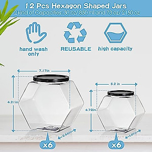 Dandat 12 Pcs Plastic Candy Jars Container with lids, Hexagon Shaped Jars 30oz and 73oz Clear Wide Mouth Candy Storage Jar for Cookies, Candy, Snacks, Paper Stars, Detergent Pods, Gifts and Storage