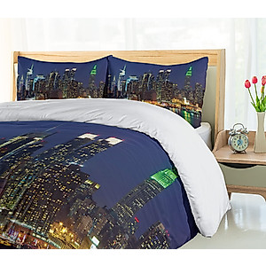 Ambesonne New York Duvet Cover Set, NYC Midtown Skyline in Evening Skyscrapers Metropolis City States Photo, Decorative 3 Piece Bedding Set with 2 Pillow Shams, Queen Size, Royal Blue
