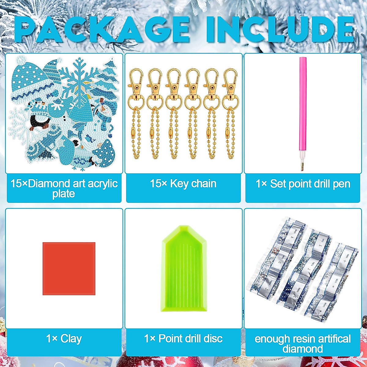 Yuxung 15 Pcs Christmas Diamond DIY Keychain 5D DIY Xmas Diamond Art Kit Hanging Decor Ornament Double Side Diamond Art Christmas Ornament for Art Christmas Craft(Cute)