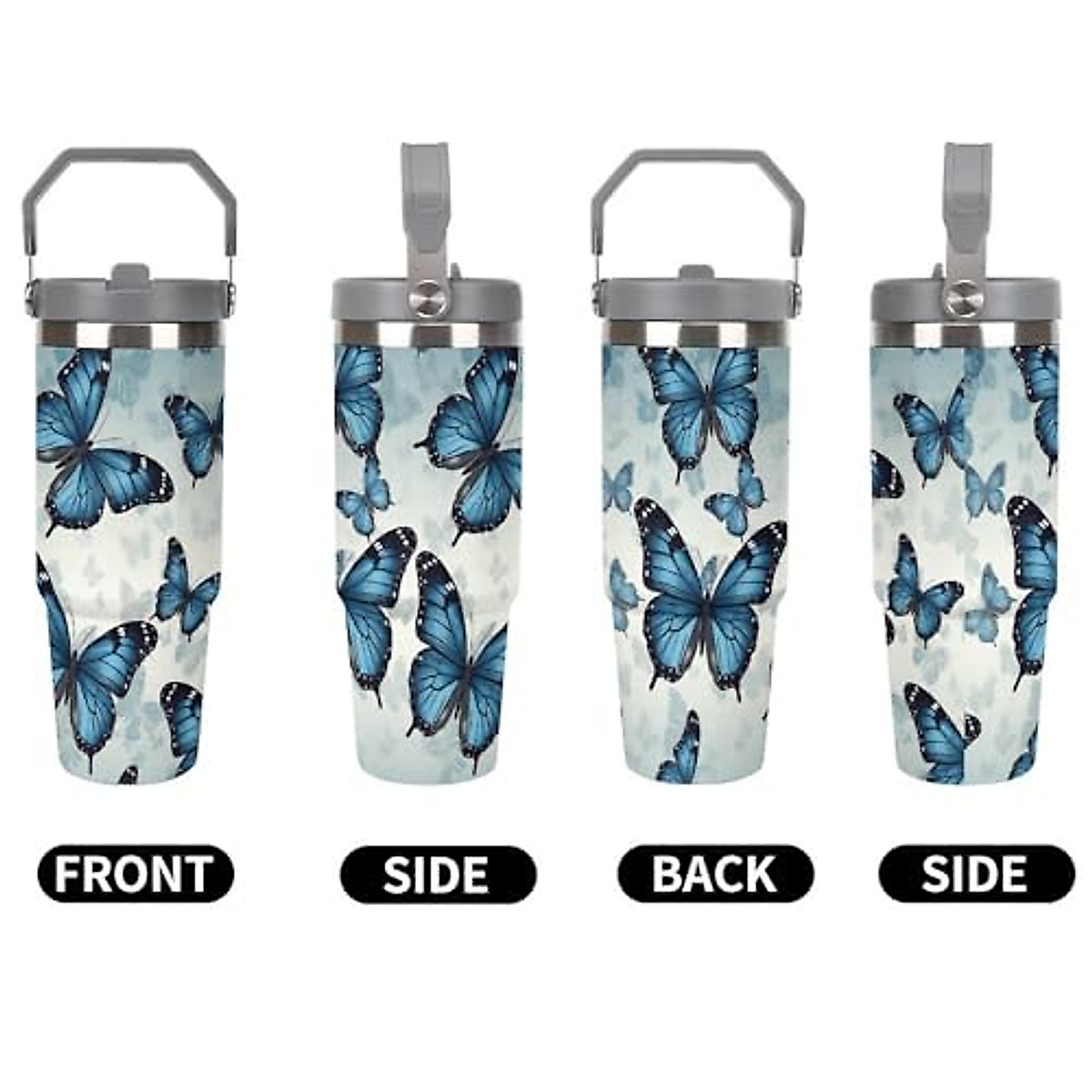 STVNKML 30 Oz Tumbler with Handle And Straw, Blue Butterfly Leakproof Stainless Steel Water Bottle for Hot & Cold Drinks 24 Hours, Car Cup Holder Friendly, Travel Mug for Home, Office, Gym