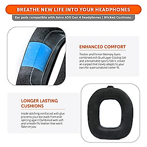 WC Freeze A50- Hybrid Fabric Cooling Gel Replacement Earpads for Astro A50 Gen 4 Only, Made by Wicked Cushions, Improved Durability, Thickness and Sound Isolation | Black