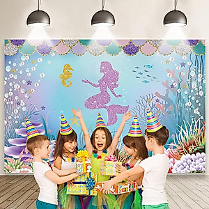 Under The Sea Mermaid Photography Backdrops Mermaid Scales Photo Background Purple Blue Mermaid Pearl Whale Decor Happy Birthday Party Banner 71x44 inch Polyester Fabric Baby Shower