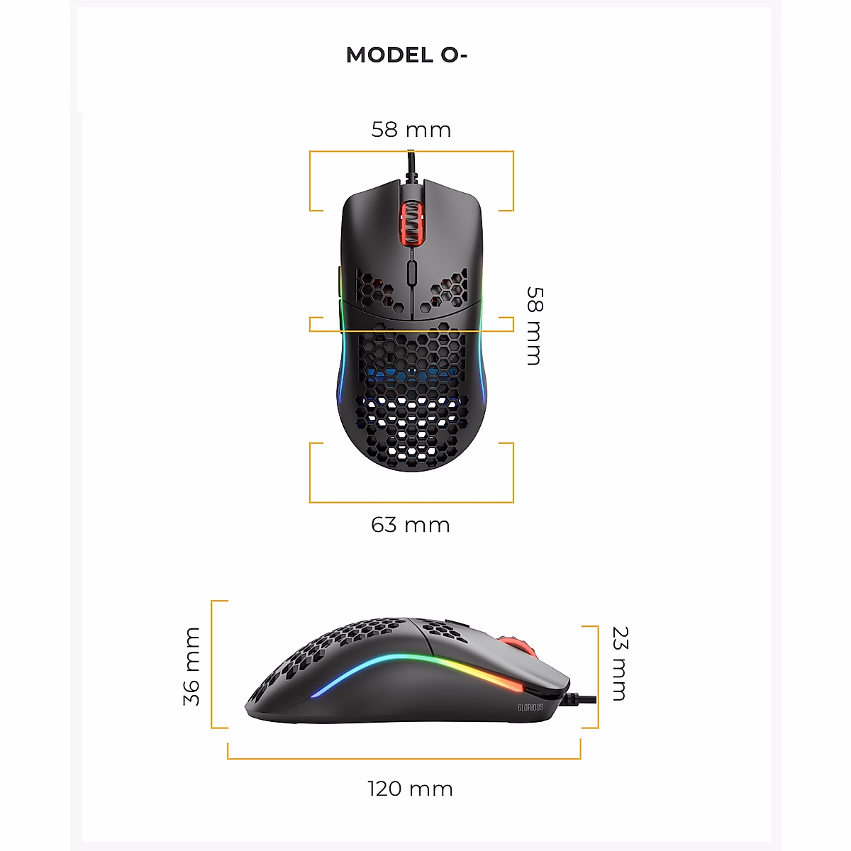Glorious Model O- (Minus) Compact Wired Gaming Mouse - 58g Superlight Honeycomb Design, RGB, Pixart 3360 Sensor, Ambidextrous, Omron Switches - Glossy Black