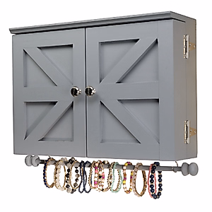 Rustic Wall Mounted Jewelry Organizer with Wooden Barndoor Decor. Jewelry holder for Necklaces, Earrings, Bracelets, Ring Holder, and Accessories. Includes hooks for hanging jewelry - Solid Gray