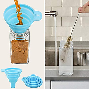 CUCUMI 36pcs 4oz Glass Spice Jars with Labels Spice Containers Square Spcie Bottles with Black Caps, 1pcs Silicone Collapsible Funnel 203pcs Waterproof Labels 1pcs Test Tube Brush 1 Chalk Marker