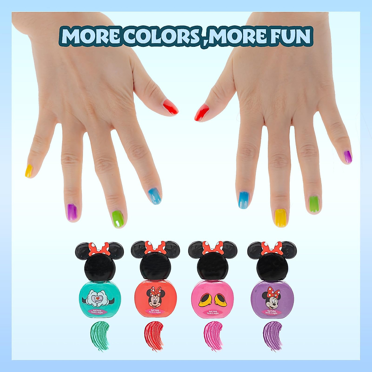 Townley Girl Disney Minnie Mouse Sparkly Cosmetic Makeup Set for Girls with Lip Balm Nail Polish Nail Stickers-35 Pcs|Perfect for Parties Sleepovers Makeovers|Birthday Gift for Girls above 3 Yrs, Kid